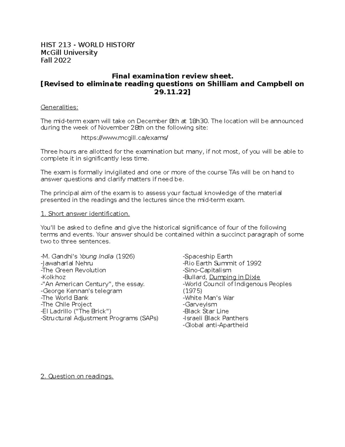 Revised HIST 213 FInal Exam review sheet 2022 - HIST 213 - WORLD HISTORY McGill University Fall ...