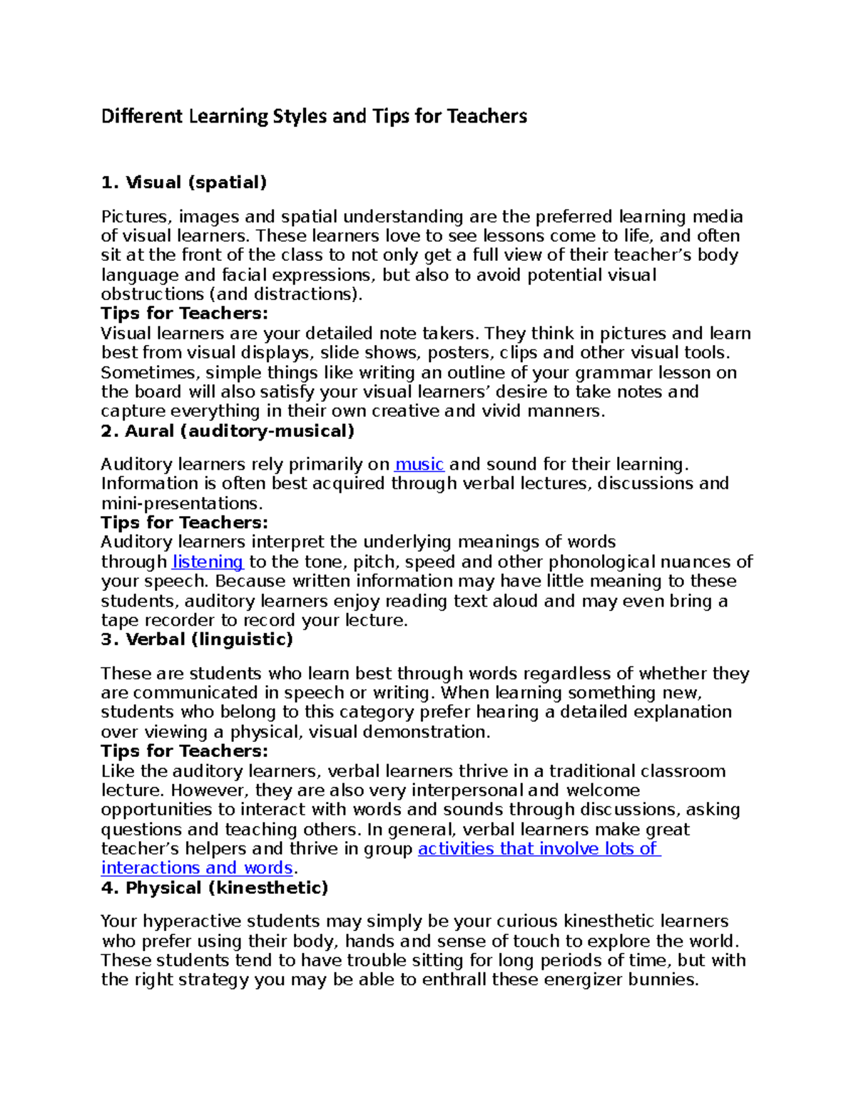 Different Learning Styles and Tips for Teachers - Education - Studocu