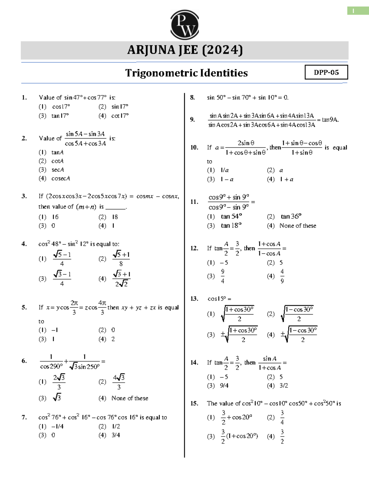 Trigonometric Identities DPP 05 (of lec 07) Arjuna JEE 2024 - 1 ARJUNA JEE (2024) Trigonometric ...