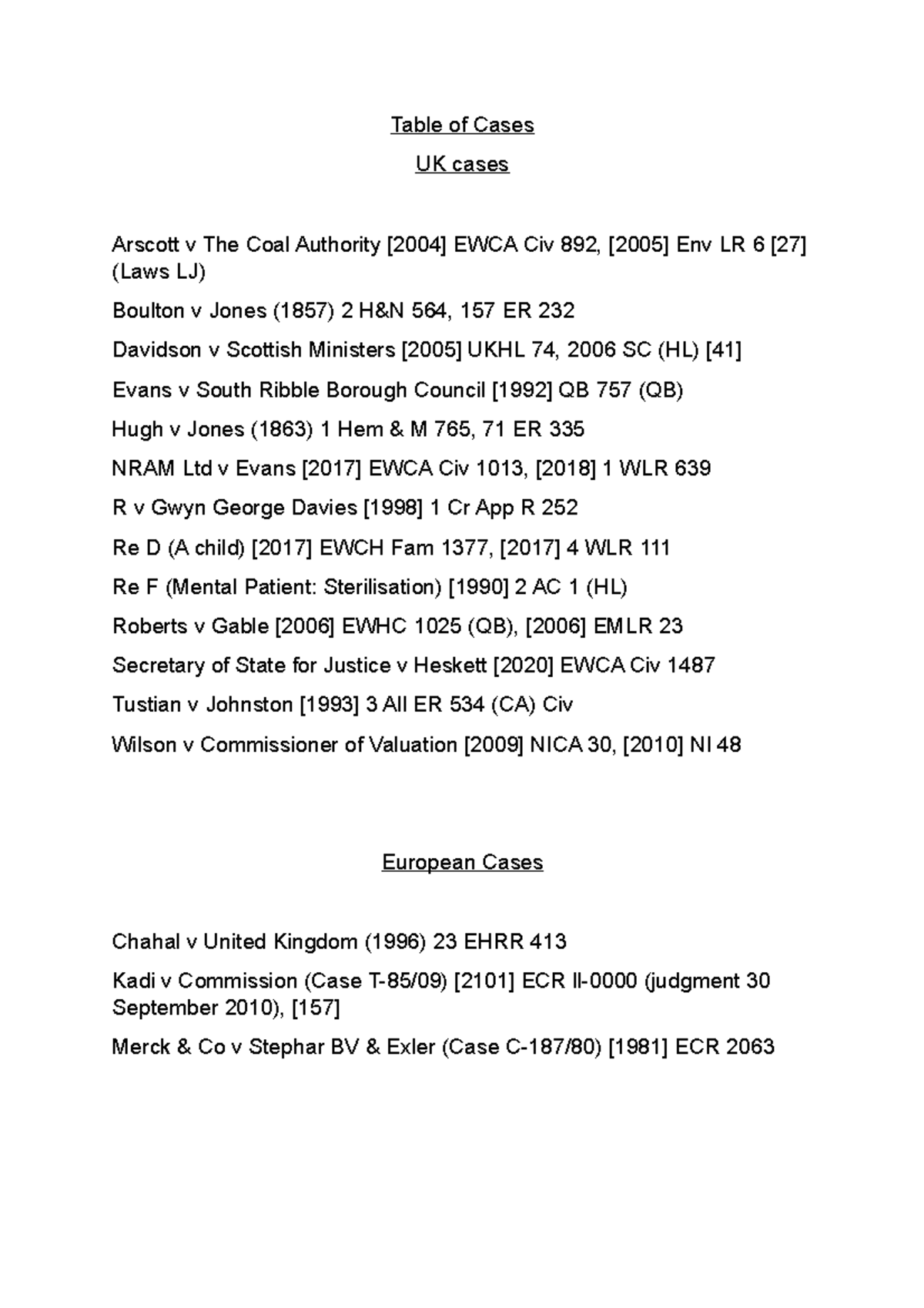 Oscola Bibliography new - Table of Cases UK cases Arscott v The Coal ...