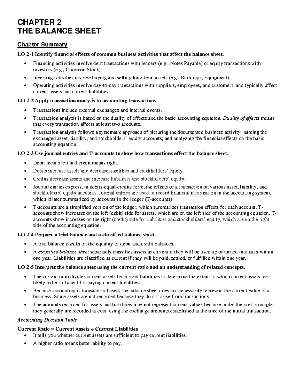 Ch2 Summary - 7th edition - CHAPTER 2 THE BALANCE SHEET Chapter Summary ...