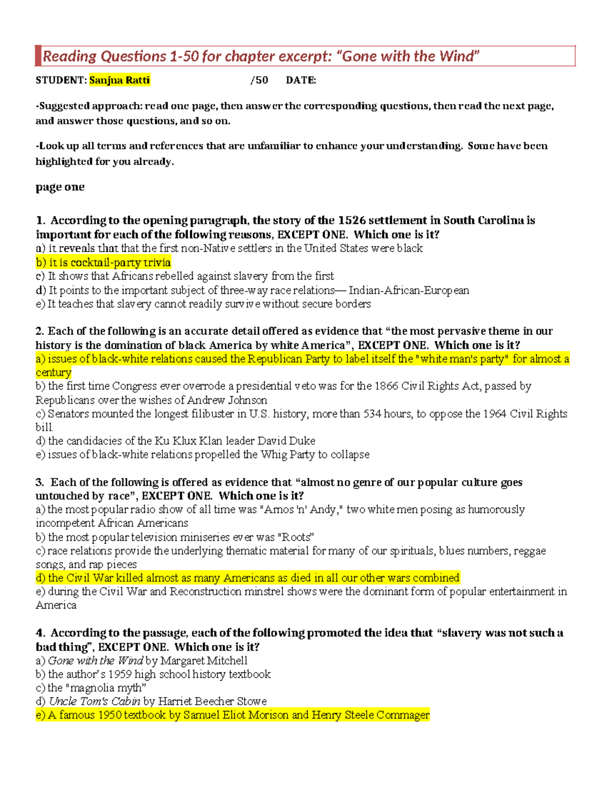 GONE WITH THE WIND- Questions FALL 2019 - Reading Questions 1-50 for ...