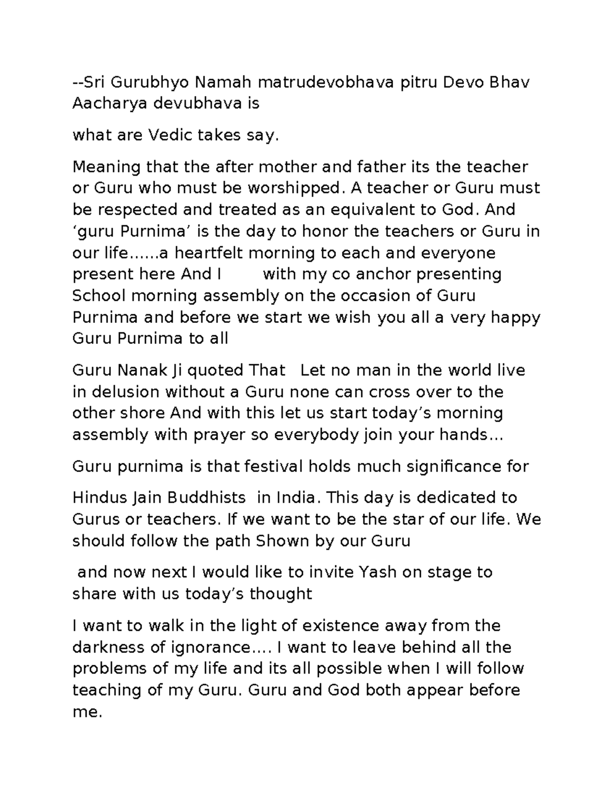 Anchoring script -Sri Gurubhyo Namah matrudevobhava pitru Devo Bhav ...