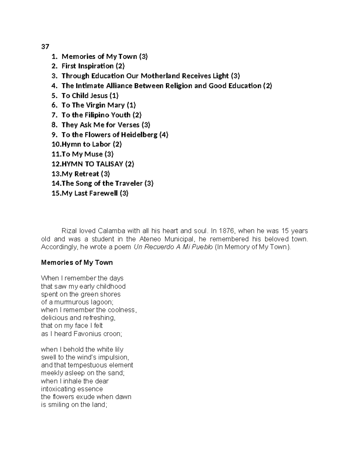 Rizals-Poetry - Rizal's Poetry - 37 1. Memories of My Town (3) 2. First ...