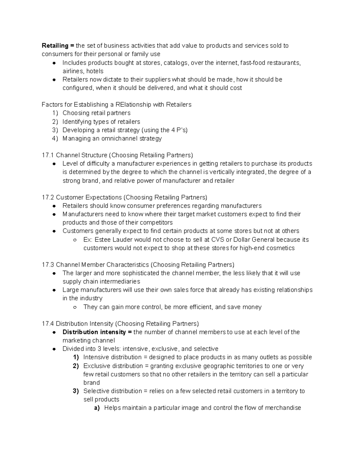 MK323 Lecture 17 Notes - Retailing = the set of business activities ...