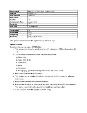 Auditing 2A Exam Memo - Module Code AUD 210 - Module Name: Auditing 2A Programme BCOM Accounting ...
