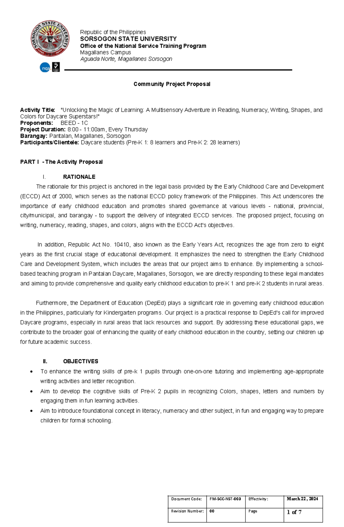 Community Project Proposal - Document Code: FM-SCC-NST-003 Effectivity ...