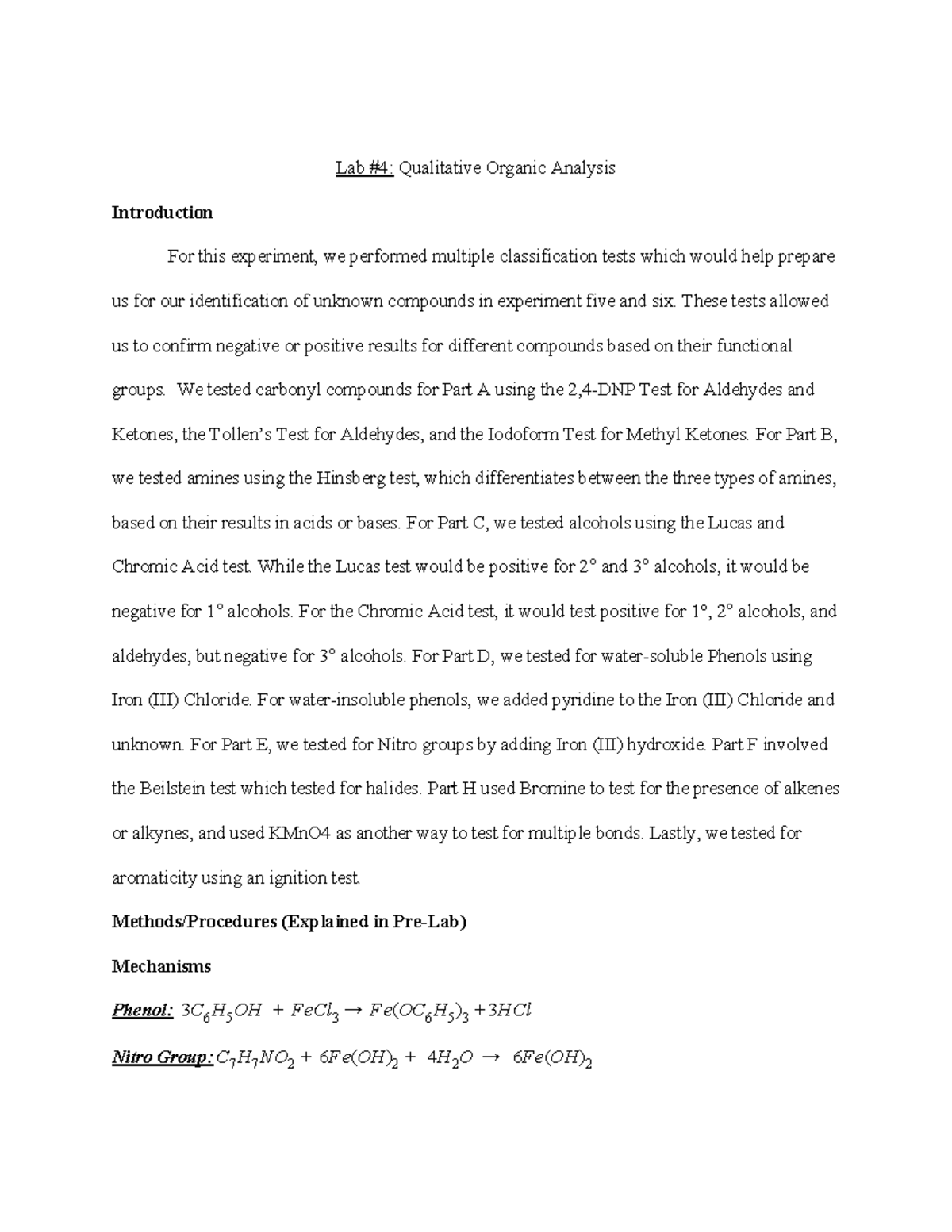 2020-organic chemistry lab2(chem225)-lab four - Lab #4: Qualitative ...