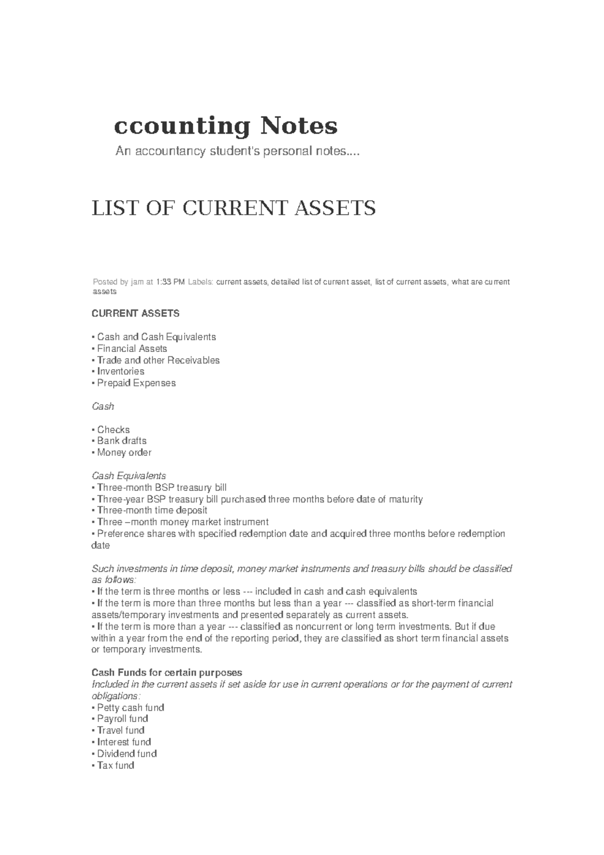 Assets - ccounting Notes An accountancy student's personal notes ...