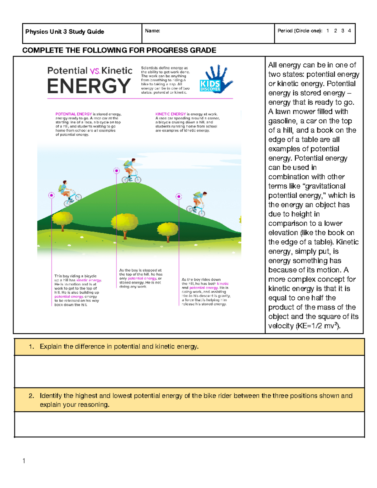 Mid Unit 3 Physics Study Guide - COMPLETE THE FOLLOWING FOR PROGRESS ...