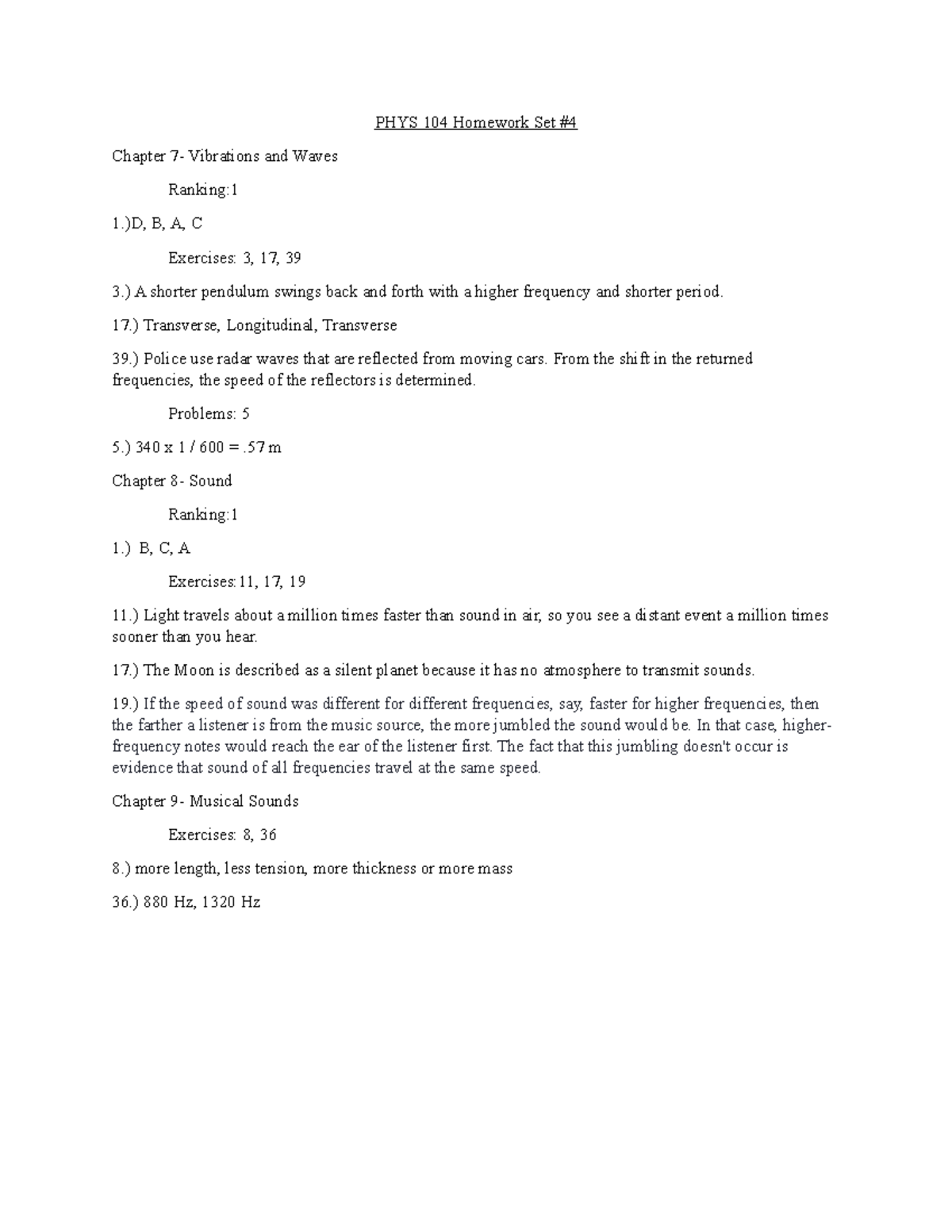 Assignment ^N4 - assignement - PHYS 104 Homework Set # Chapter 7- Vibrations and Waves Ranking ...