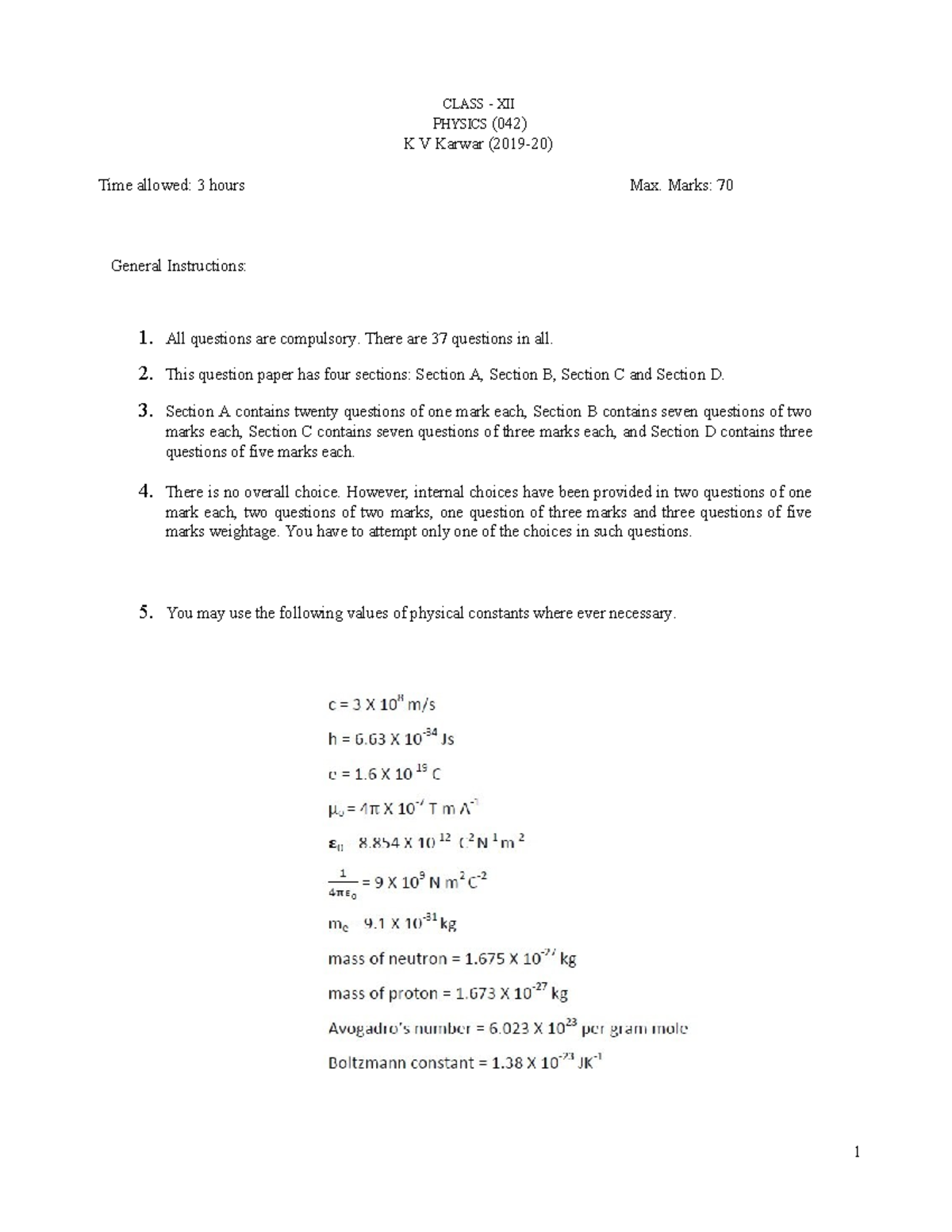 Class XII Physics H H W - ESSAY - CLASS - XII PHYSICS (042) K V Karwar ...