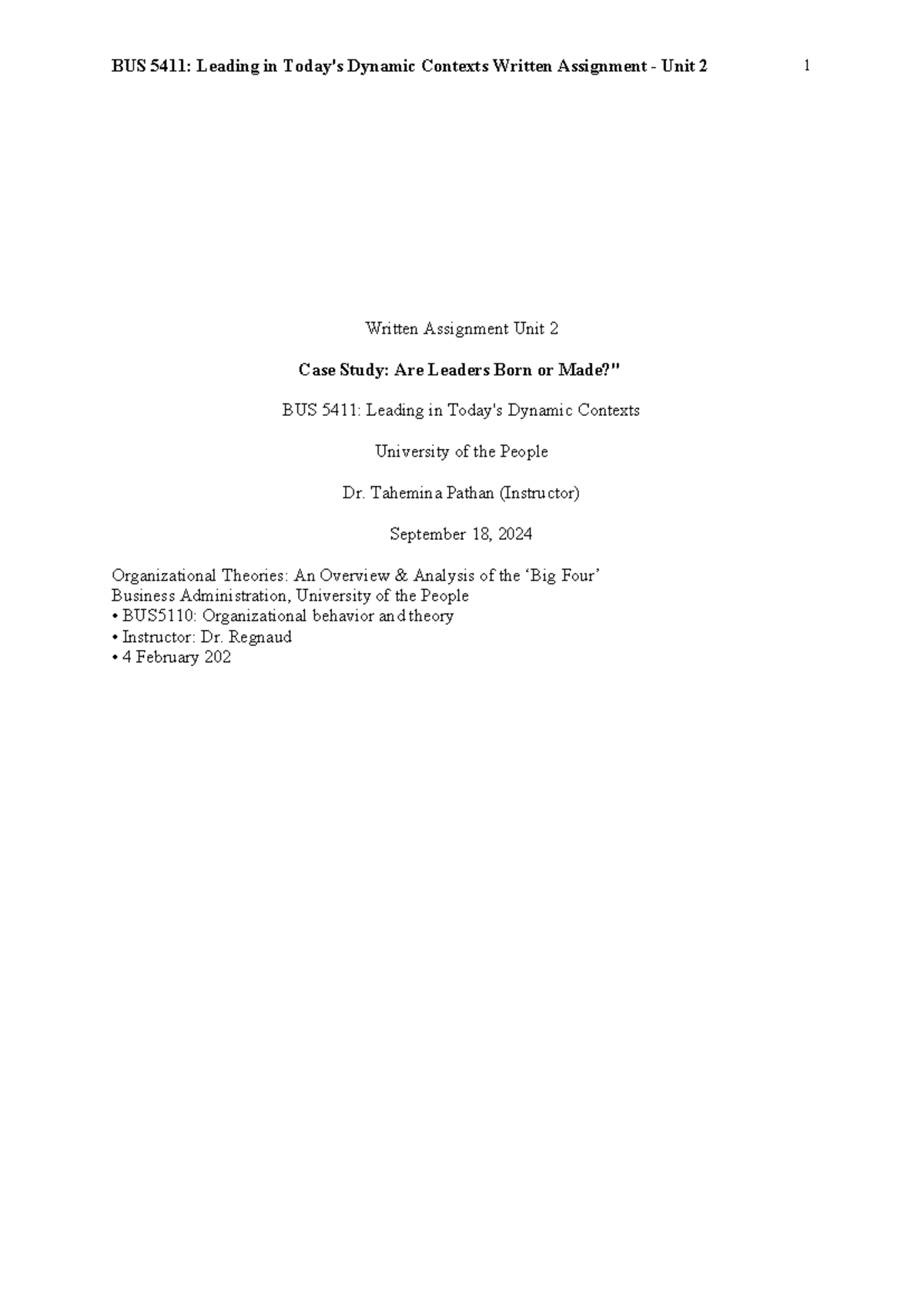 BUS 5411-Leading in Todays Dynamic Contexts Written Assignment - Unit 2 ...