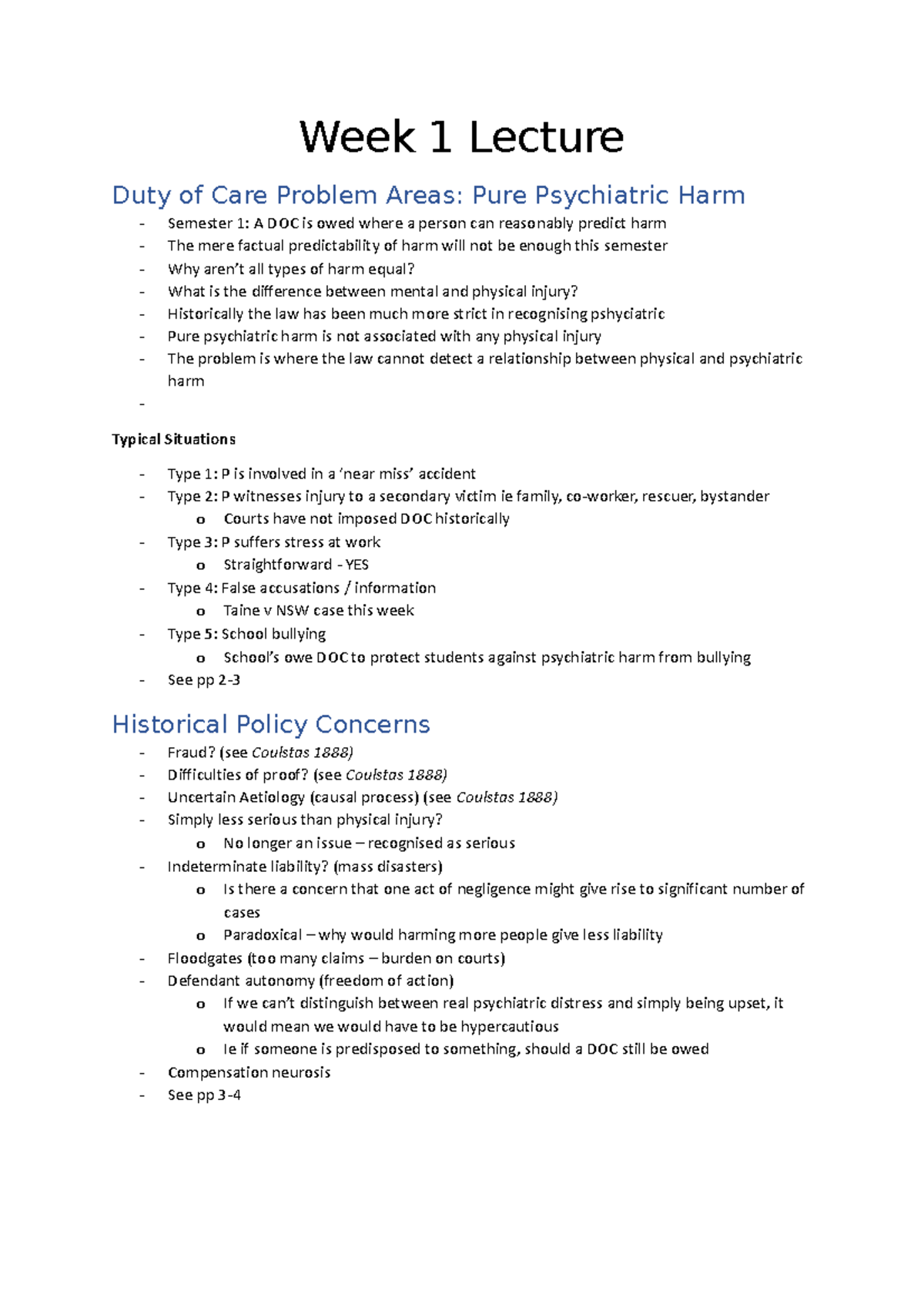 Psychiatric Harm Lecture Notes - Week 1 Lecture Duty of Care Problem ...
