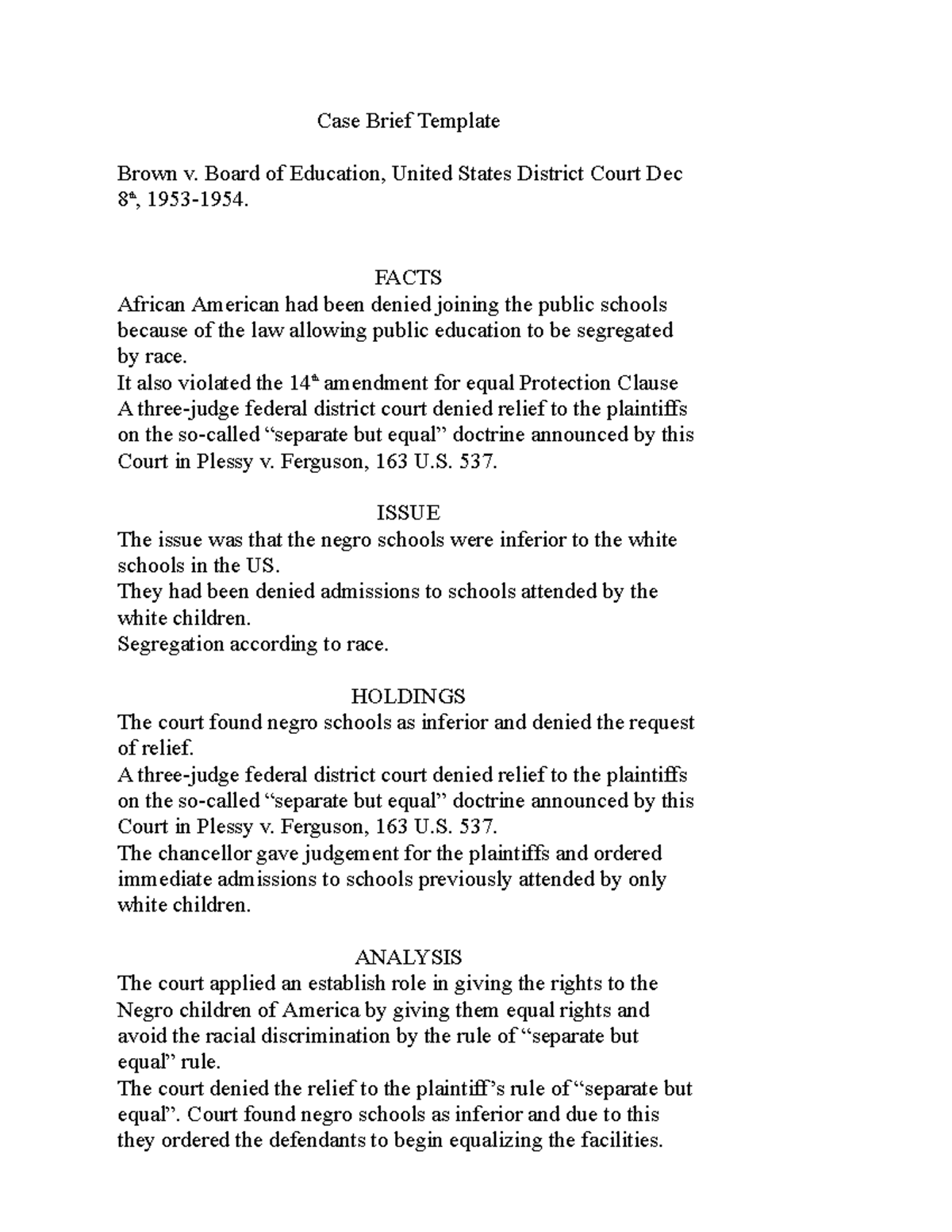 Brown v. Board Case - Case Brief Template Brown v. Board of Education ...