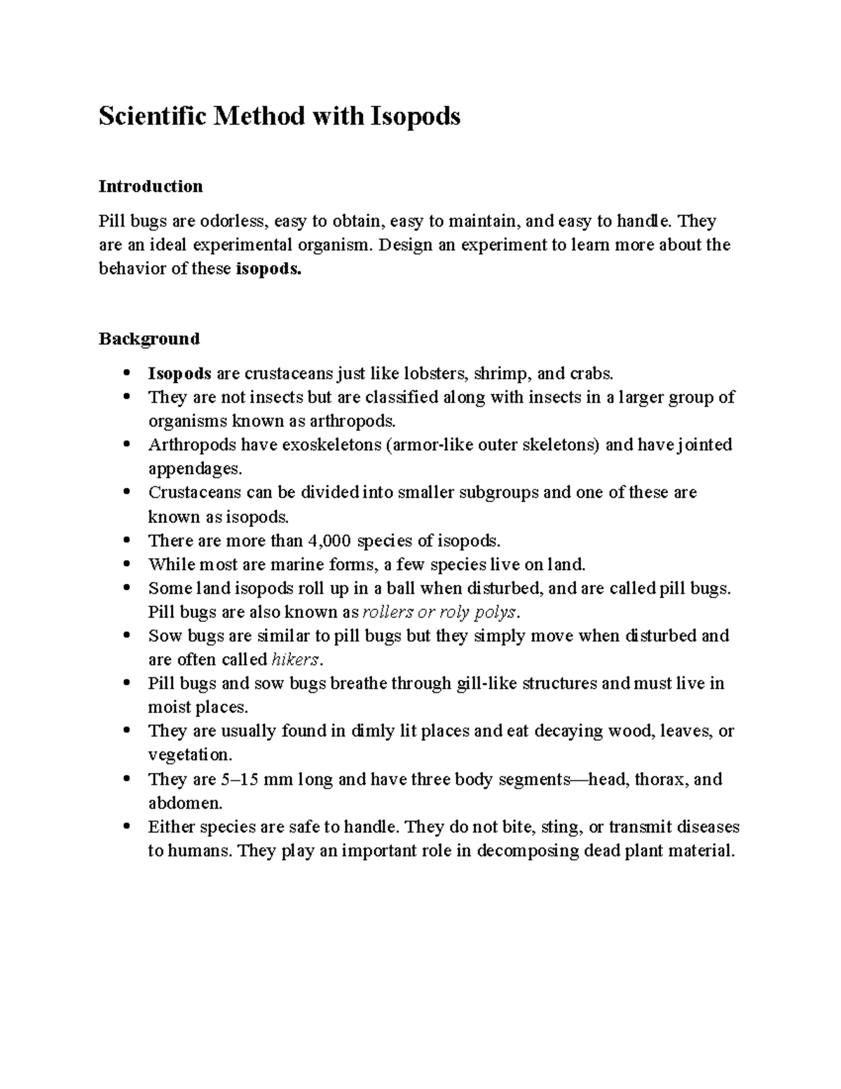 Pill bug lab GBIO - Lab with pill bugs - Studocu