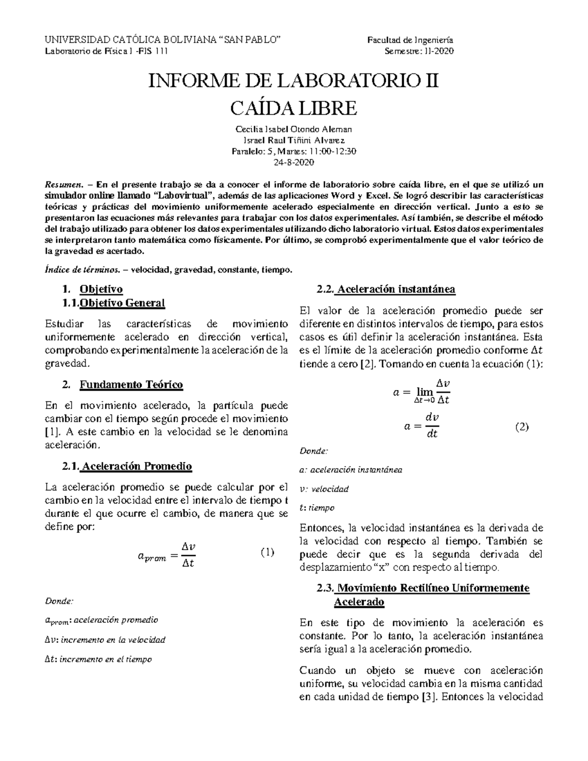 Informe De Laboratorio 2- Caída libre - Warning: TT: undefined function: 32 Laboratorio de ...