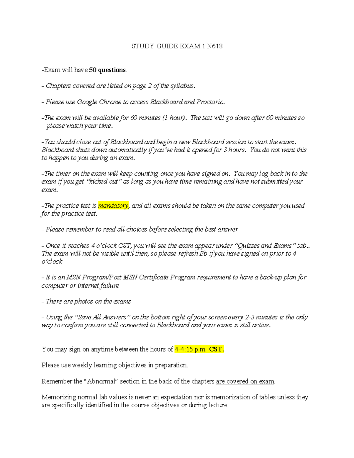 Study Guide EXAM 1 N 618 - STUDY GUIDE EXAM 1 N -Exam will have 50 ...