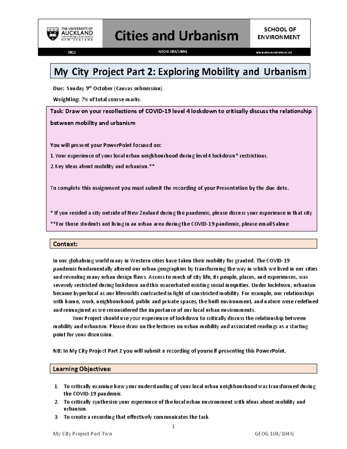 GEOG104G My City Project Part 2 2022 - 1 My City Project Part Two GEOG ...
