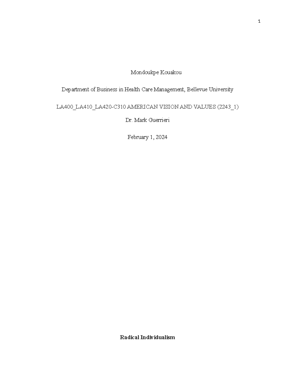 Radical Individualism - 1 Mondoukpe Kouakou Department of Business in ...