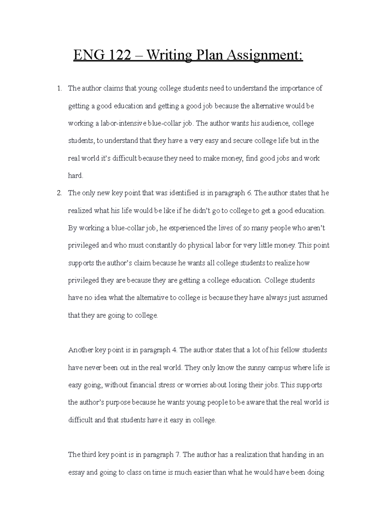 ENG 122 writing plan - ENG 122 – Writing Plan Assignment: The author ...