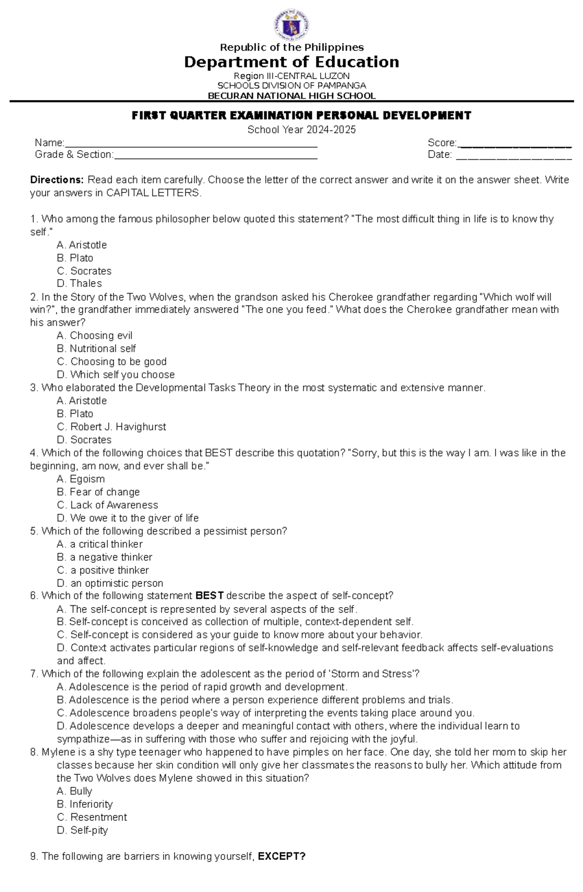 Perdev QRTR 1 EXAM - For reference of other SHS teachers. - Republic of ...