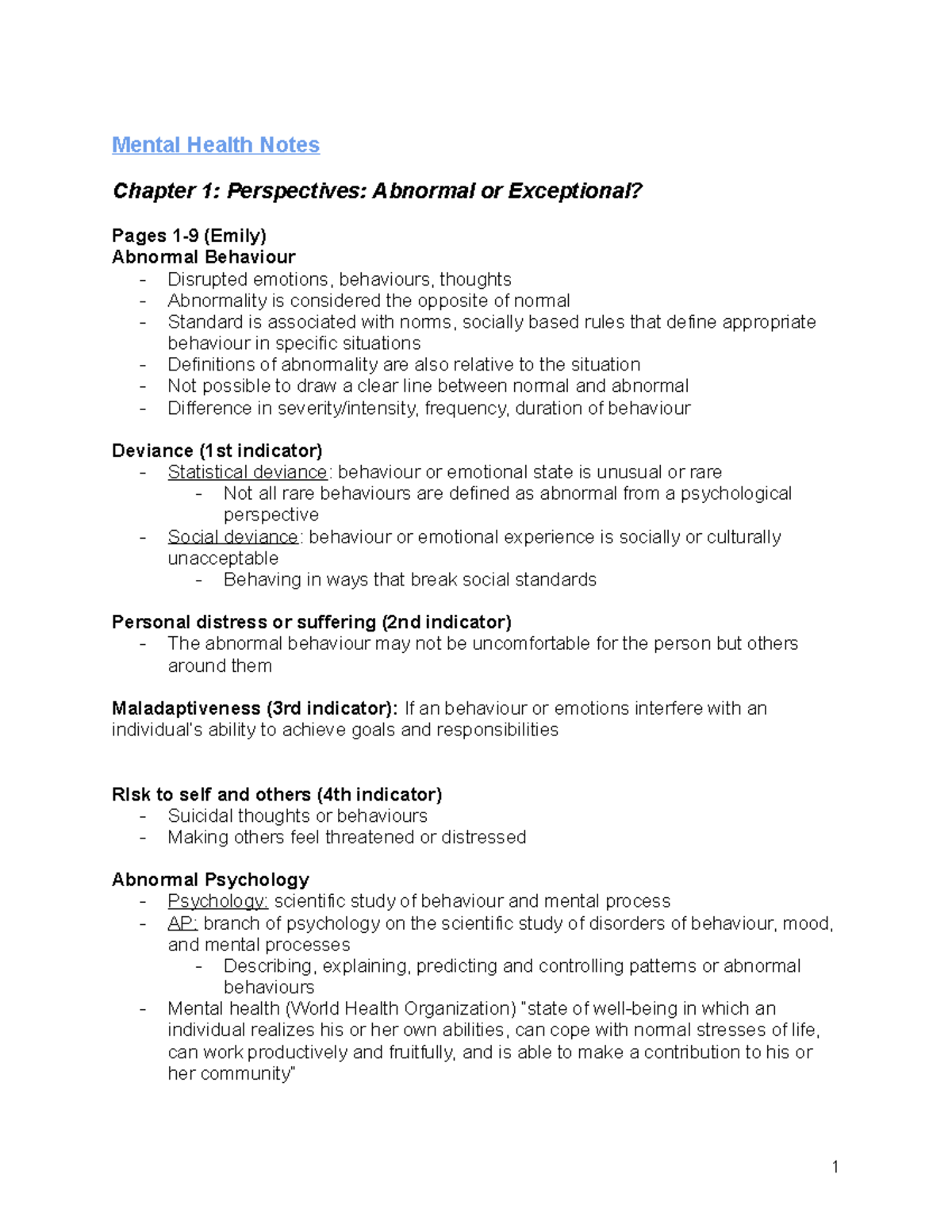 Mental Health Notes - Mental Health Notes Chapter 1: Perspectives ...