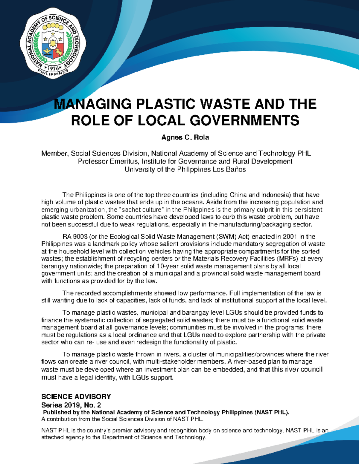 3-Rola Science Advisory layout B 191121 - MANAGING PLASTIC WASTE AND ...
