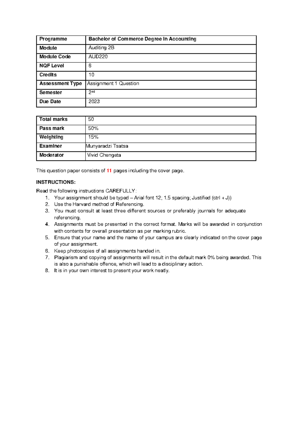 Auditing 2B - Individual Assignment 1 Question - Programme Bachelor of ...