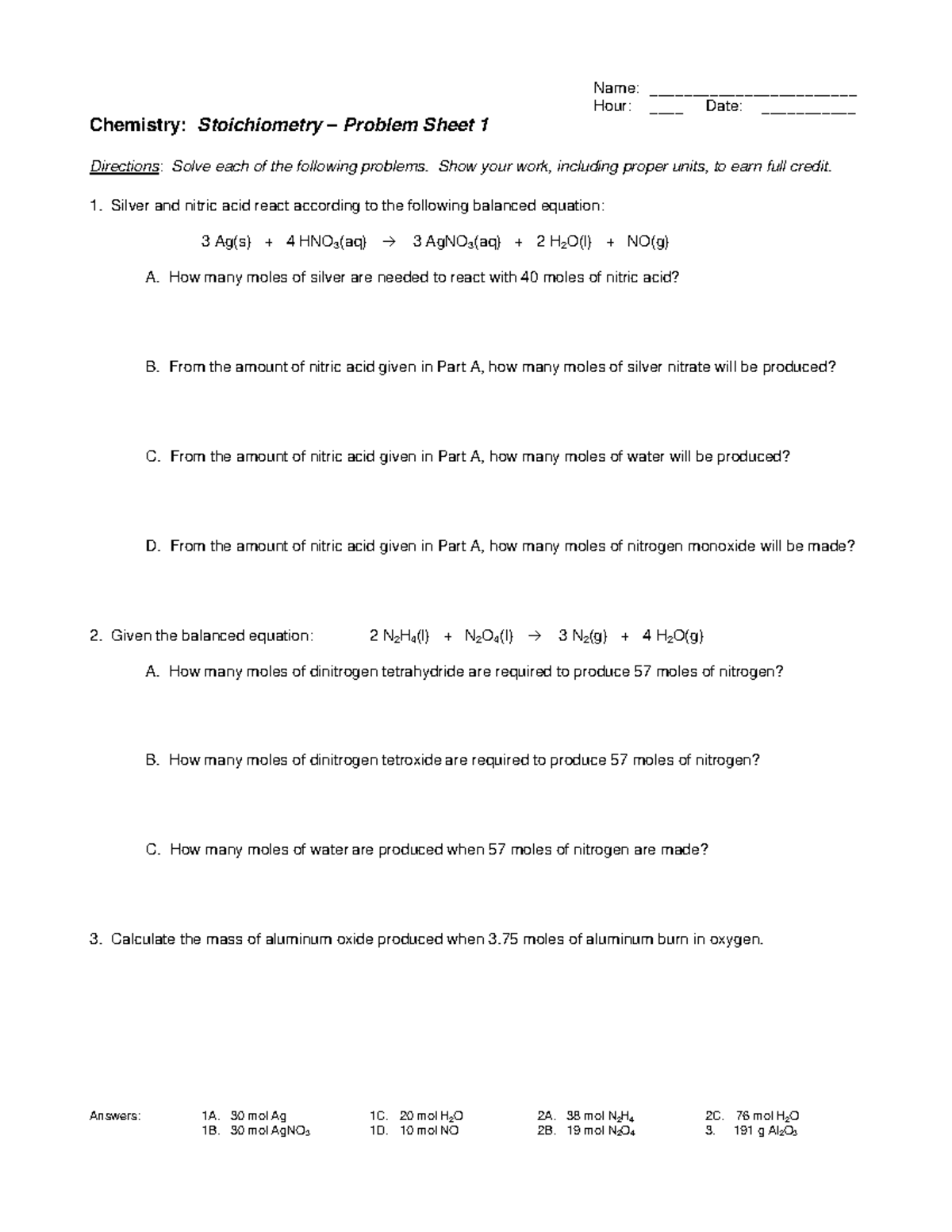 Work sheet 3 stoichiometry - Name: ________________________ Hour ...