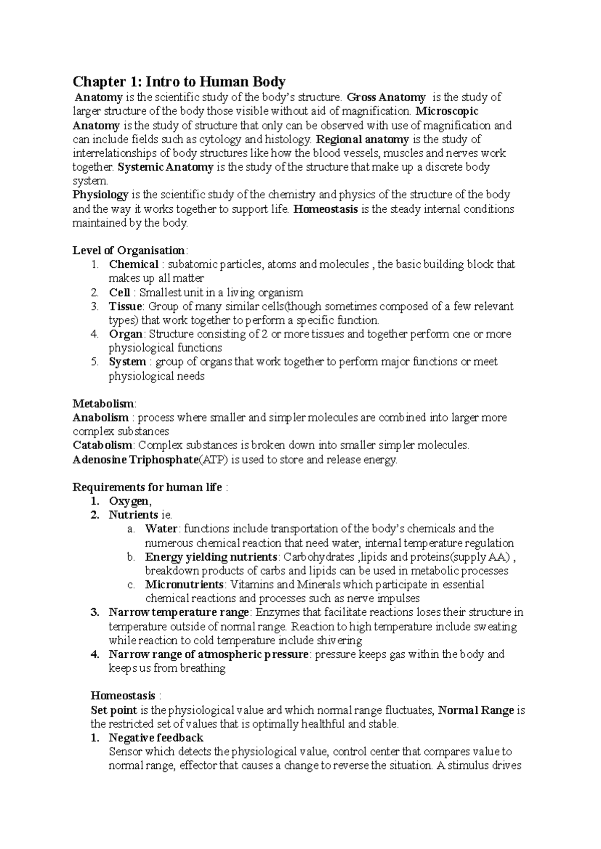 Notes - Chapter 1: Intro to Human Body Anatomy is the scientific study ...