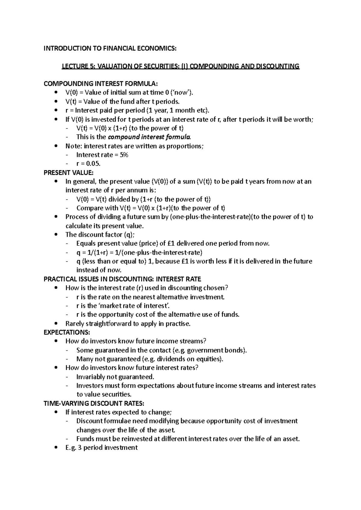 Lecture 5 - Tutor: V M Q Castro - INTRODUCTION TO FINANCIAL ECONOMICS ...