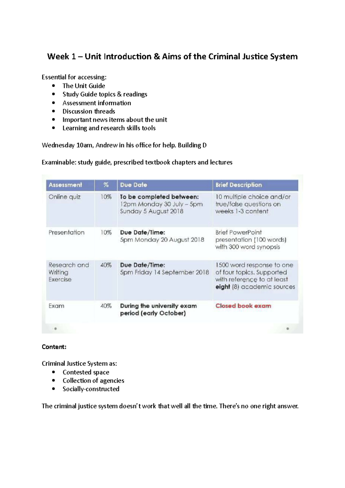 Week 1 – Unit Introduction - Week 1 – Unit Introduction & Aims of the Criminal Justice System ...