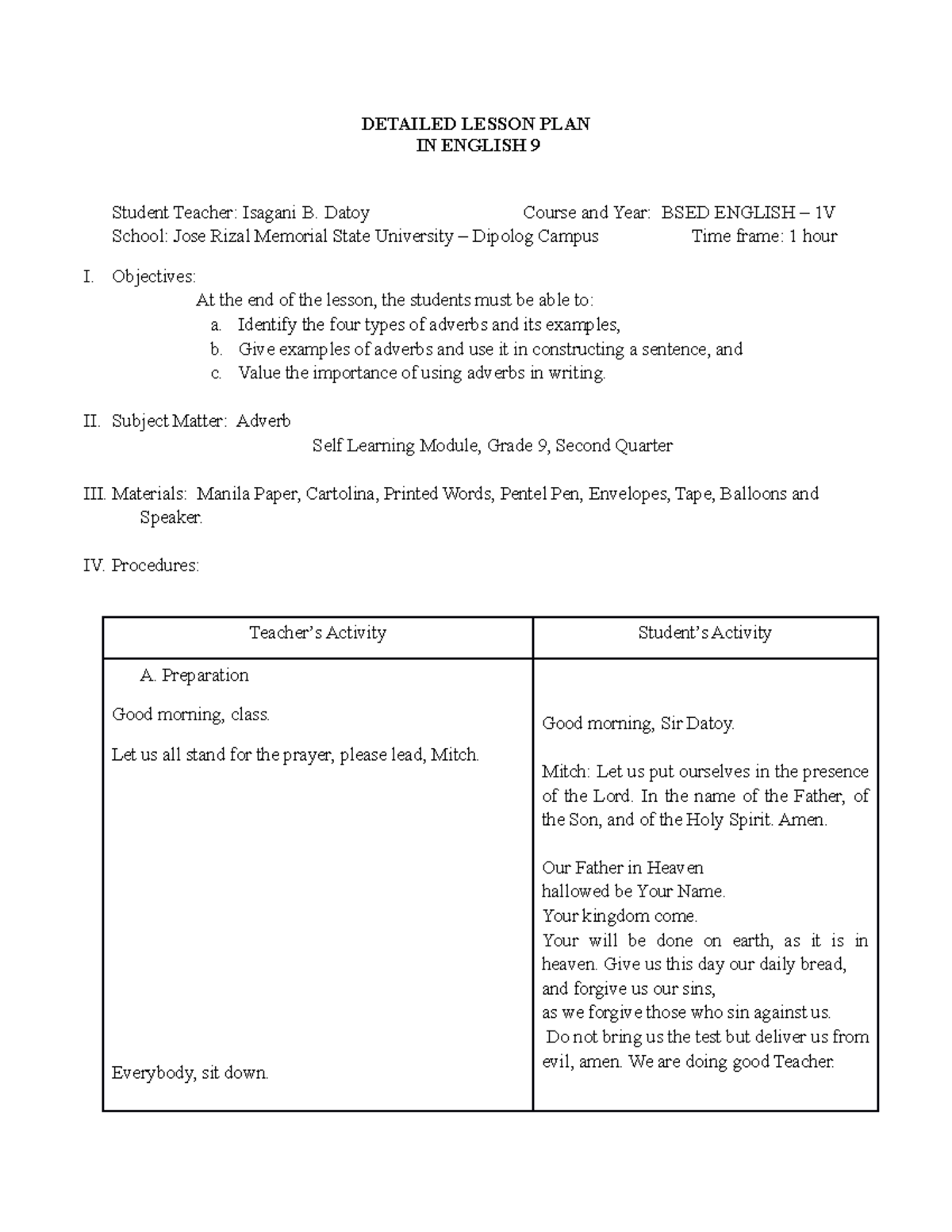 Adverbs - My own made lesson plan for the subject English - DETAILED ...