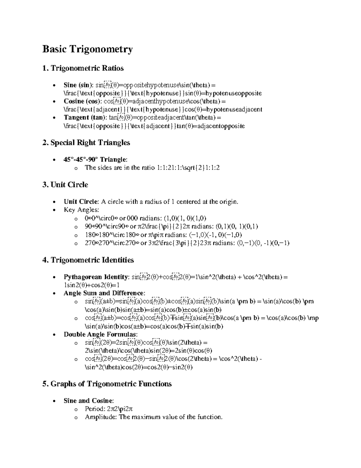 Mthel 99 - Basic Trigonometry 1. Trigonometric Ratios Sine (sin): sin(θ ...