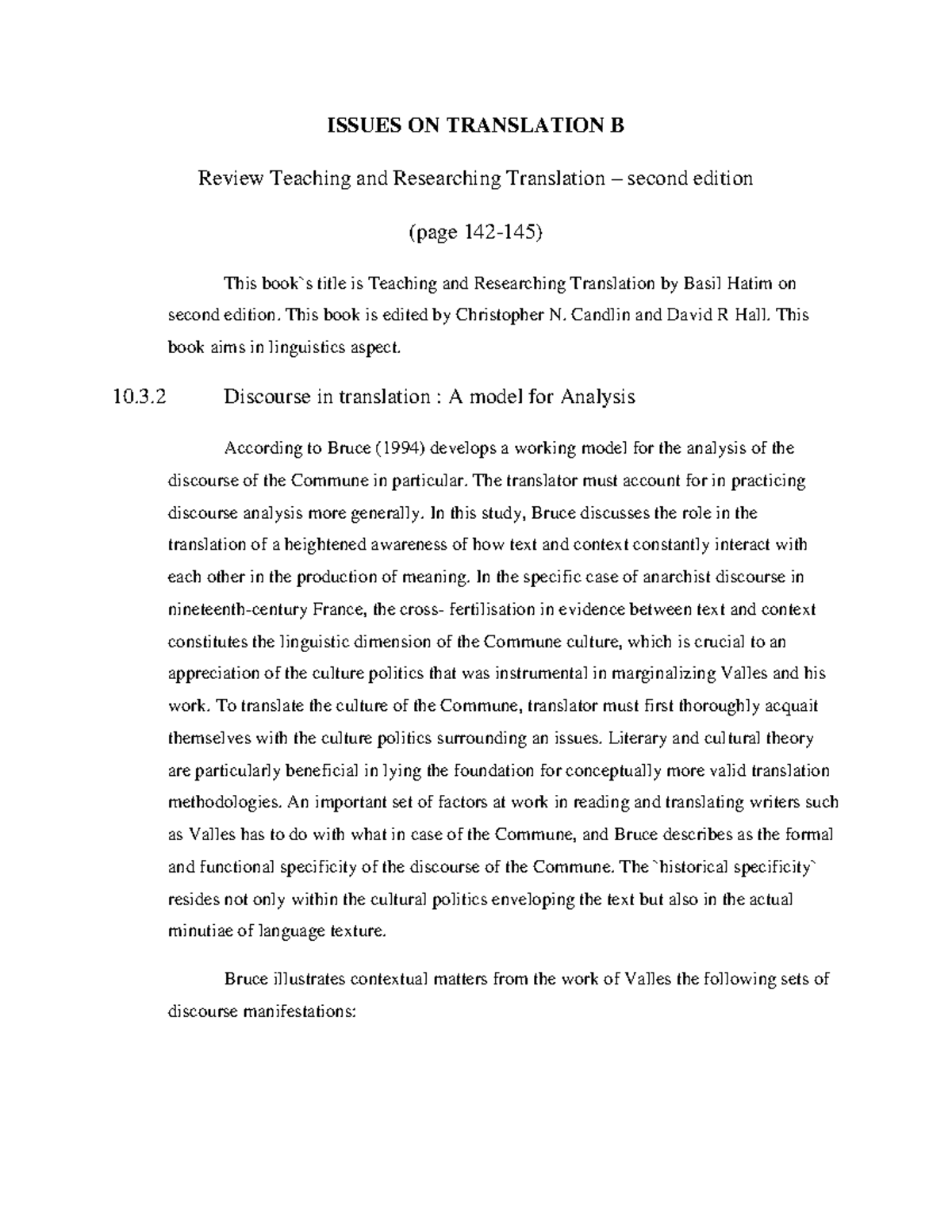 27 Discourse in translation, A model for Analysis Review page 142-145 - ISSUES ON TRANSLATION B ...