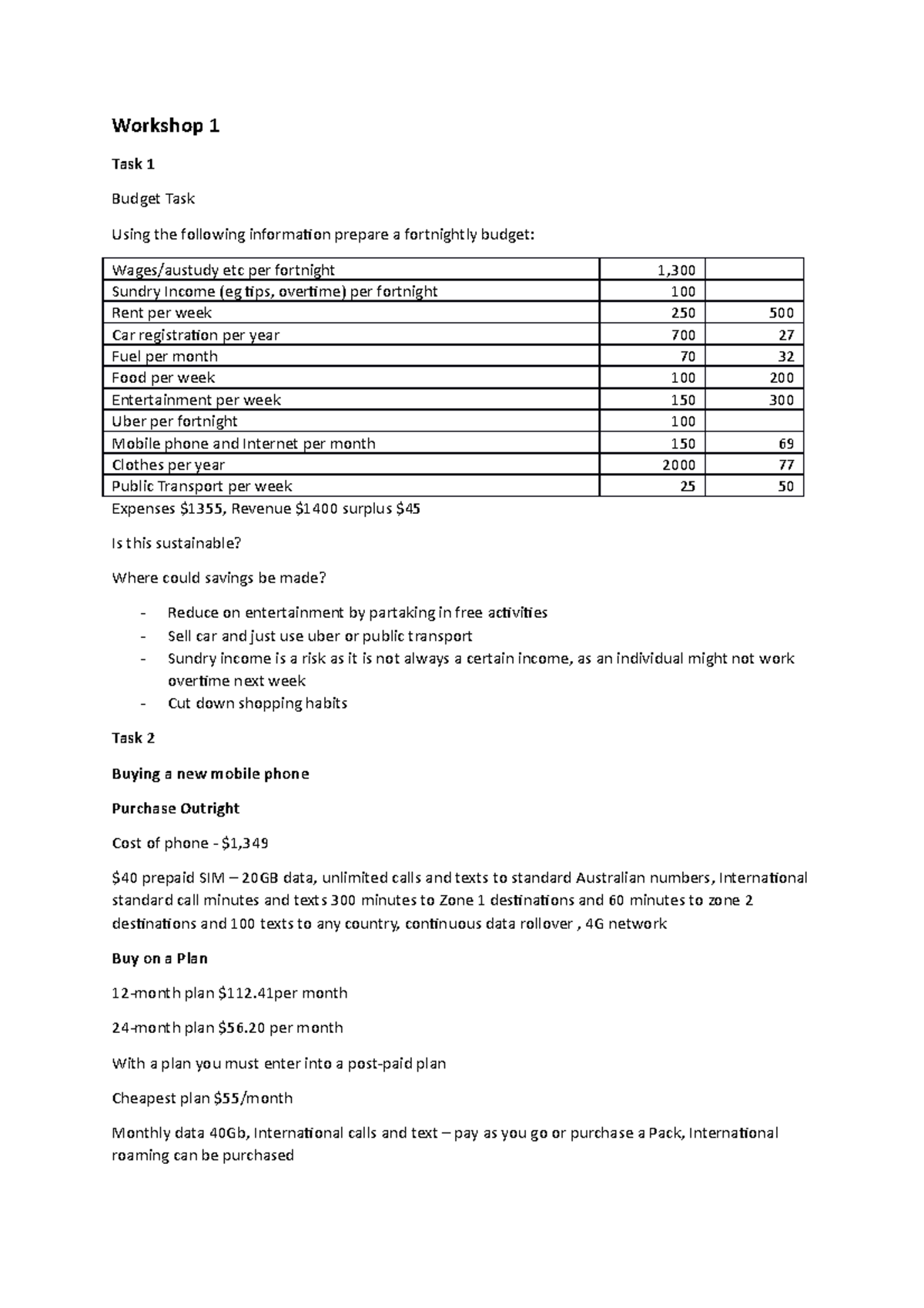 Budget From Tutorial 1 - Workshop 1 Task 1 Budget Task Using the following information prepare a ...