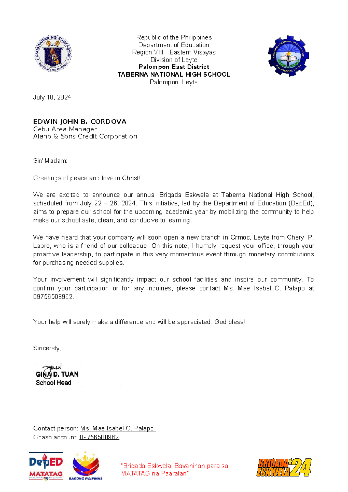 Letter of Invitation 2024 Alano & Sons Lending Corp - “Brigada Eskwela ...