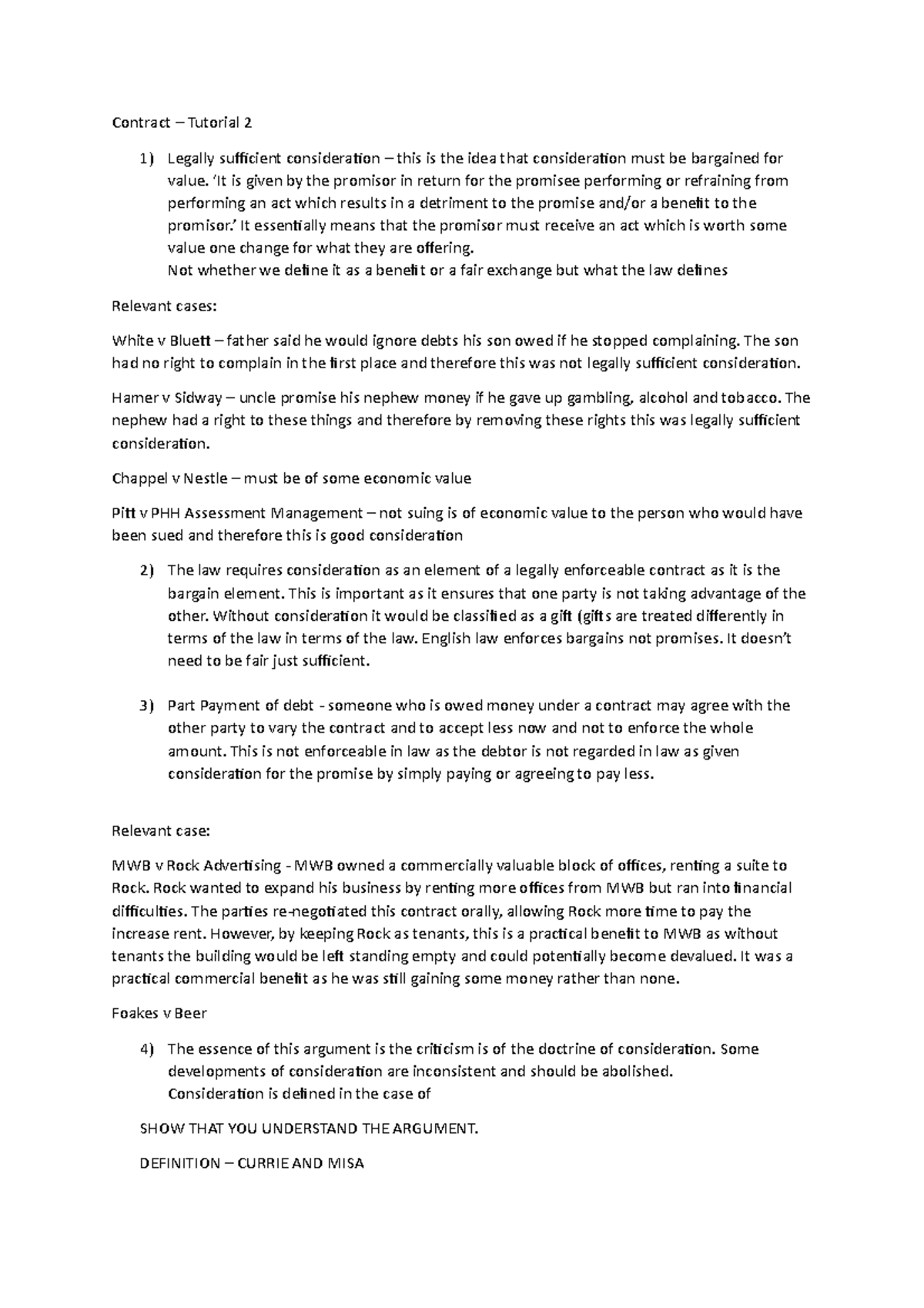 Tutorial 2 - Contract – Tutorial 2 Legally sufficient consideration – this is the idea that ...