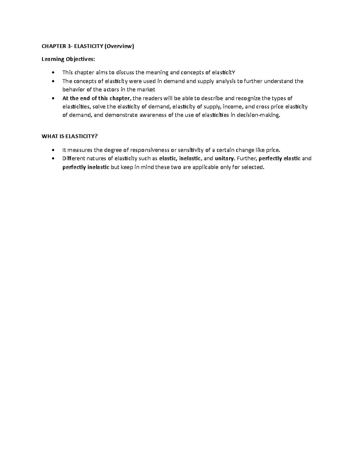 Chapter 3 - BSHA - CHAPTER 3- ELASTICITY (Overview) Learning Objectives ...