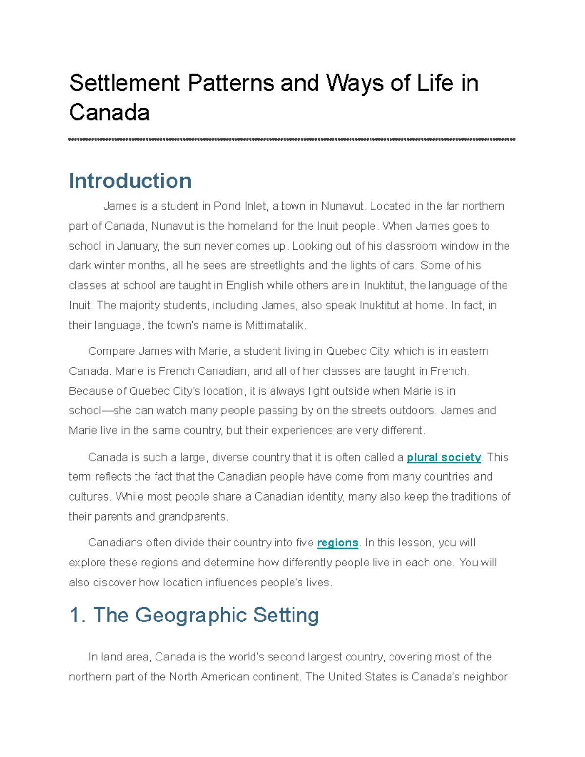 Unit 3 Canada (sections Intro-4). - Settlement Patterns and Ways of ...