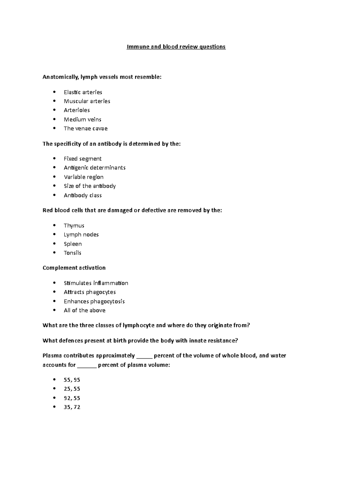 Immune and blood review questions - Immune and blood review questions ...