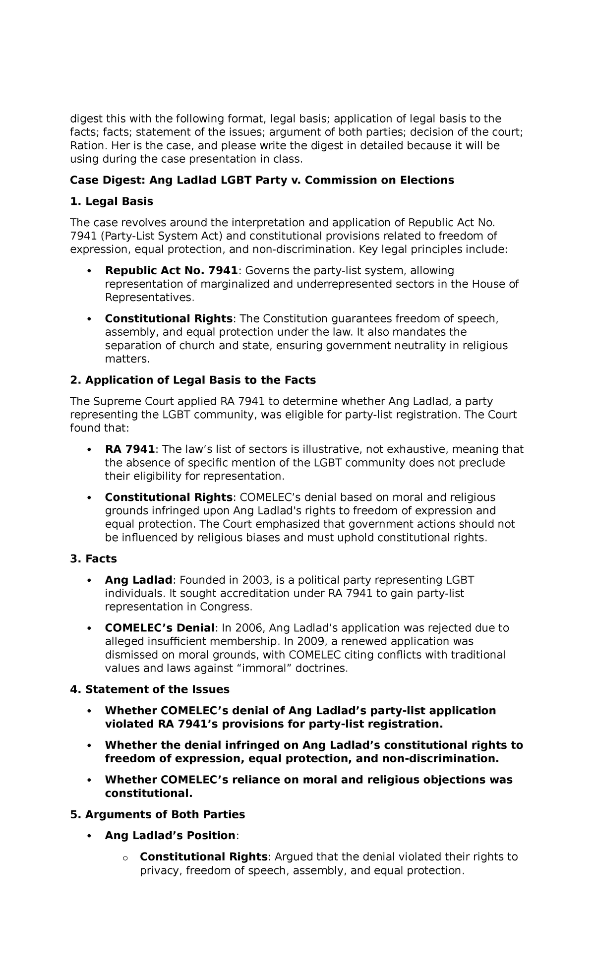 Ang Ladlad LGBT Party v. Commission on Elections - digest this with the ...