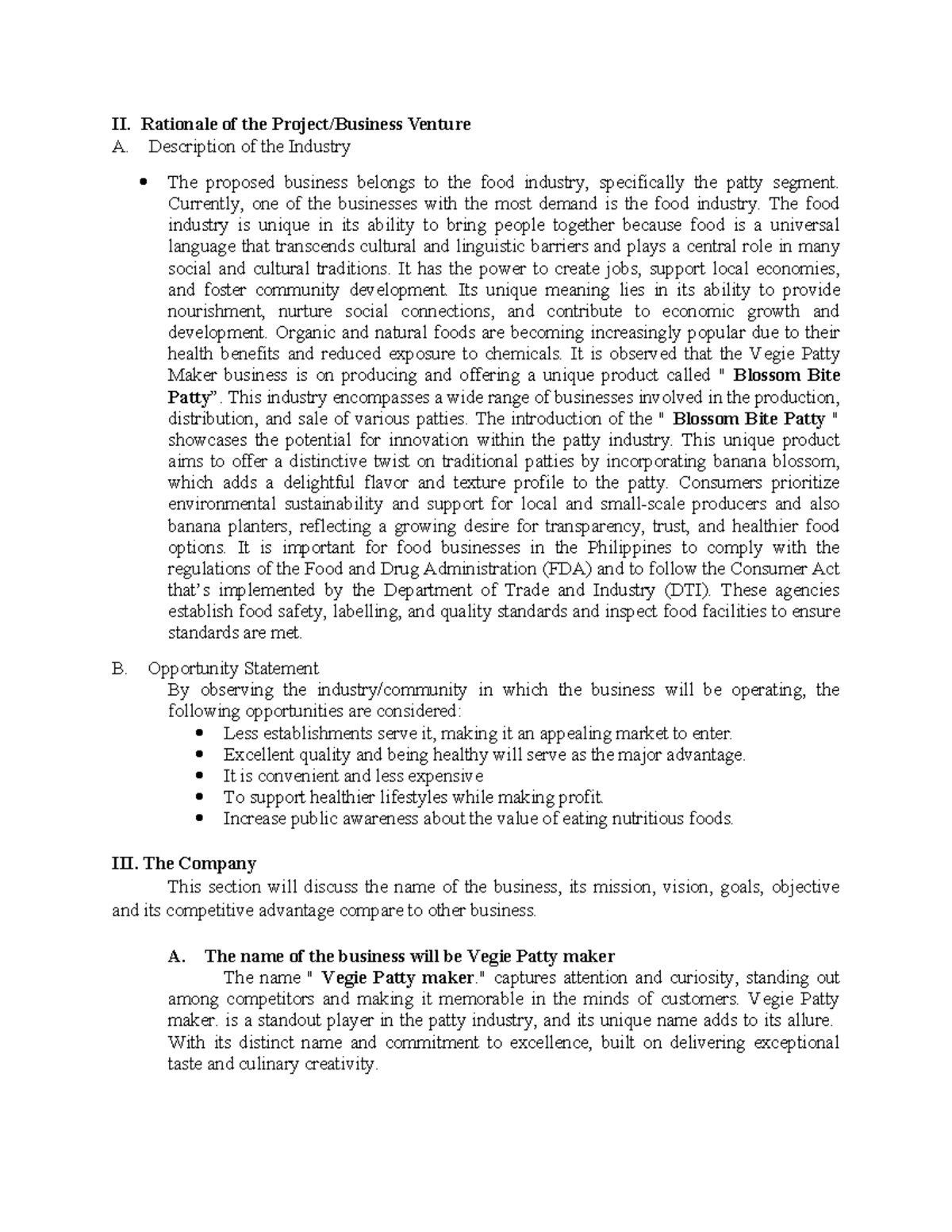 Blossom Bite Patty - Business Plan - II. Rationale of the Project ...