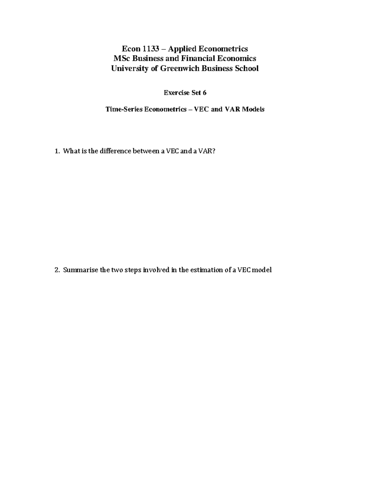 Exercises For L6 Econ 1133 Applied Econometrics Msc Business And Financial Economics