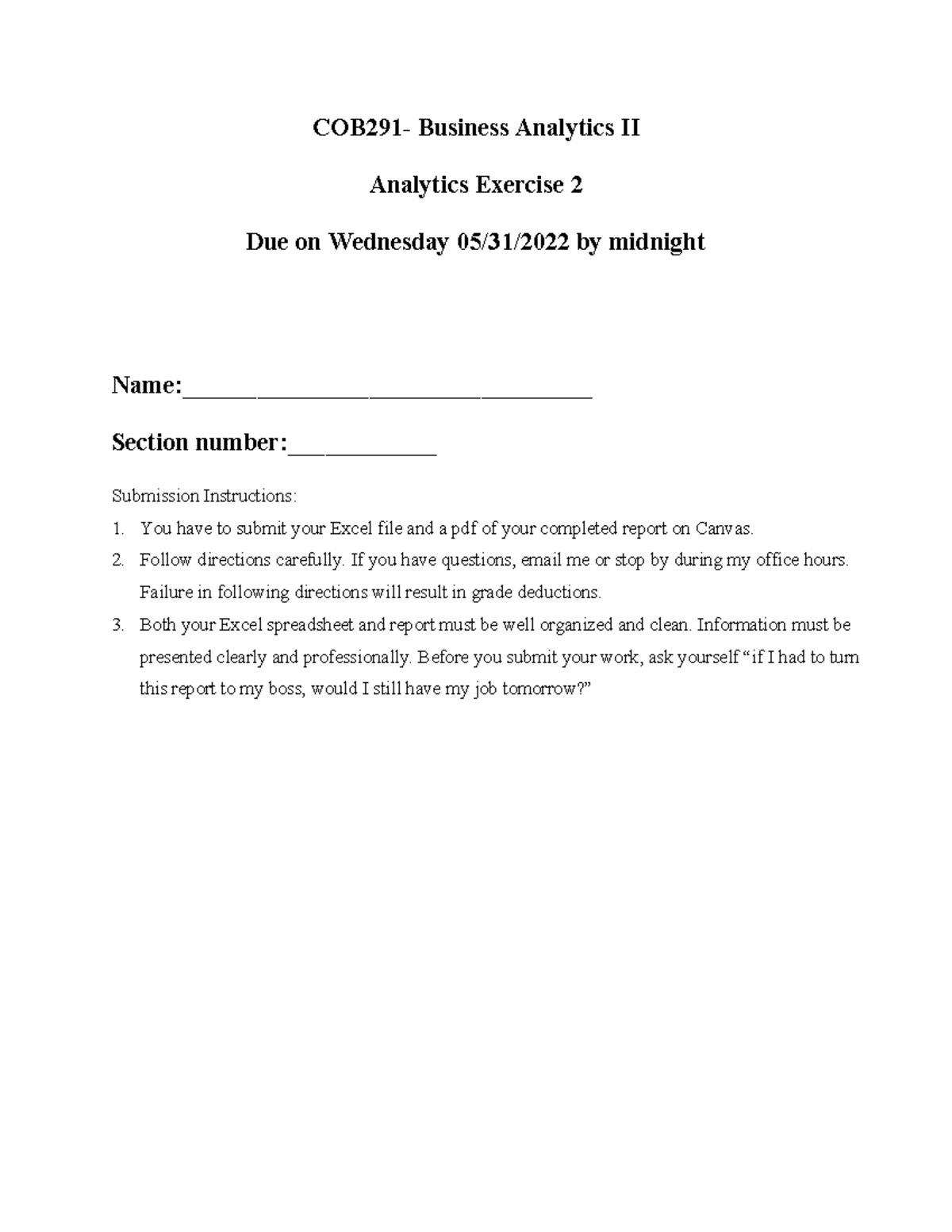 Analytics Excercise 2- SU22 - COB291- Business Analytics II Analytics ...