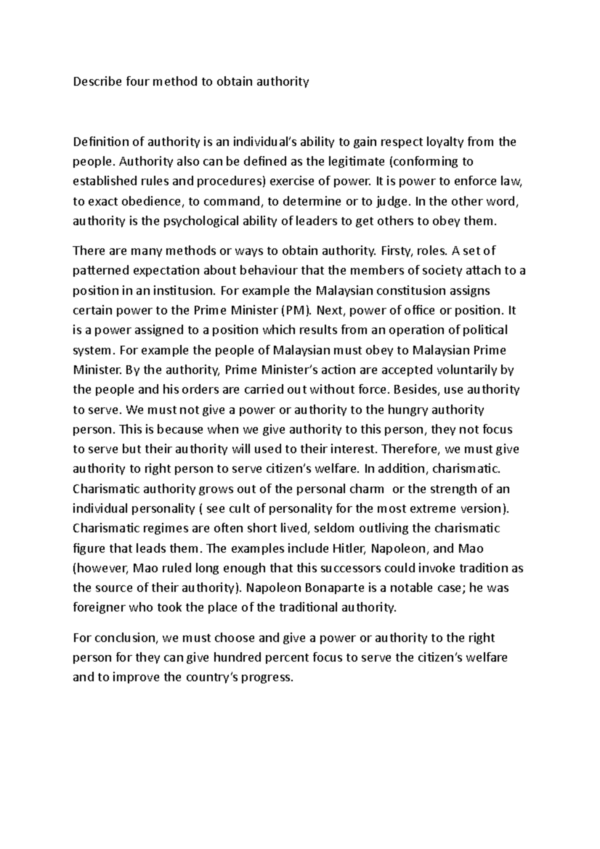 Political Science Pad 120: Authority - Describe four method to obtain ...
