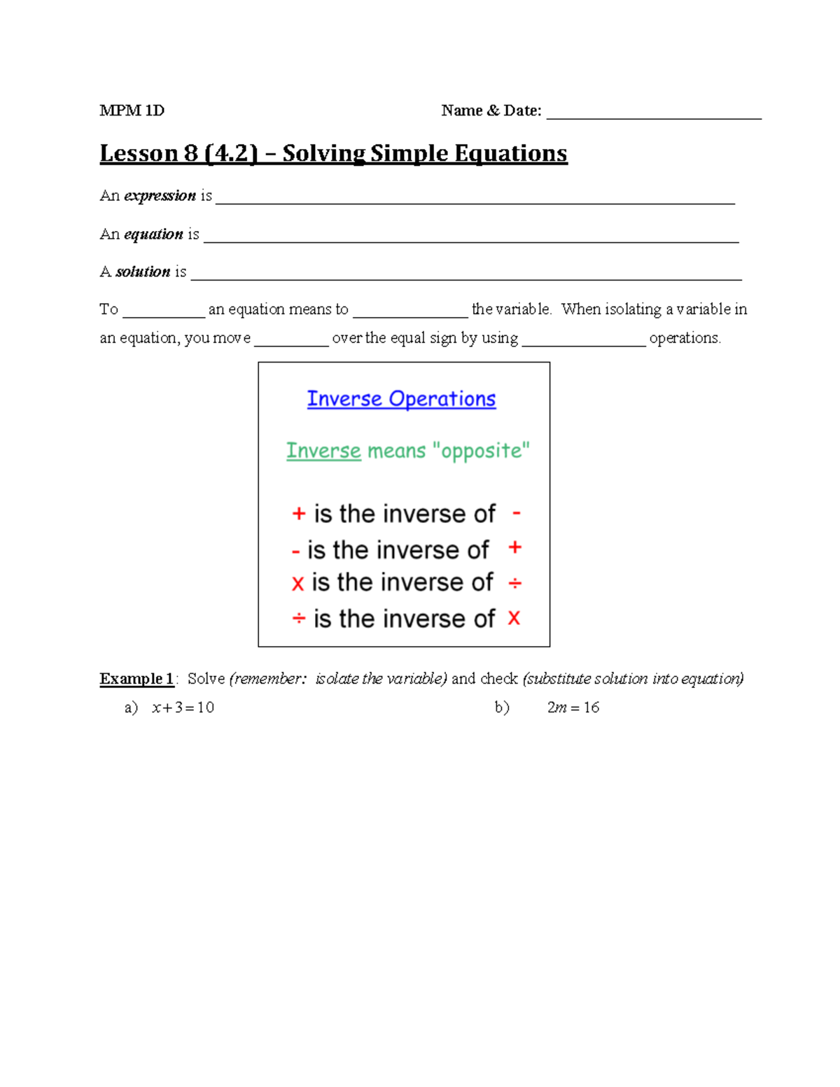 L8 - 4.2 Solving Simple Equations - MPM 1D Name & Date ...