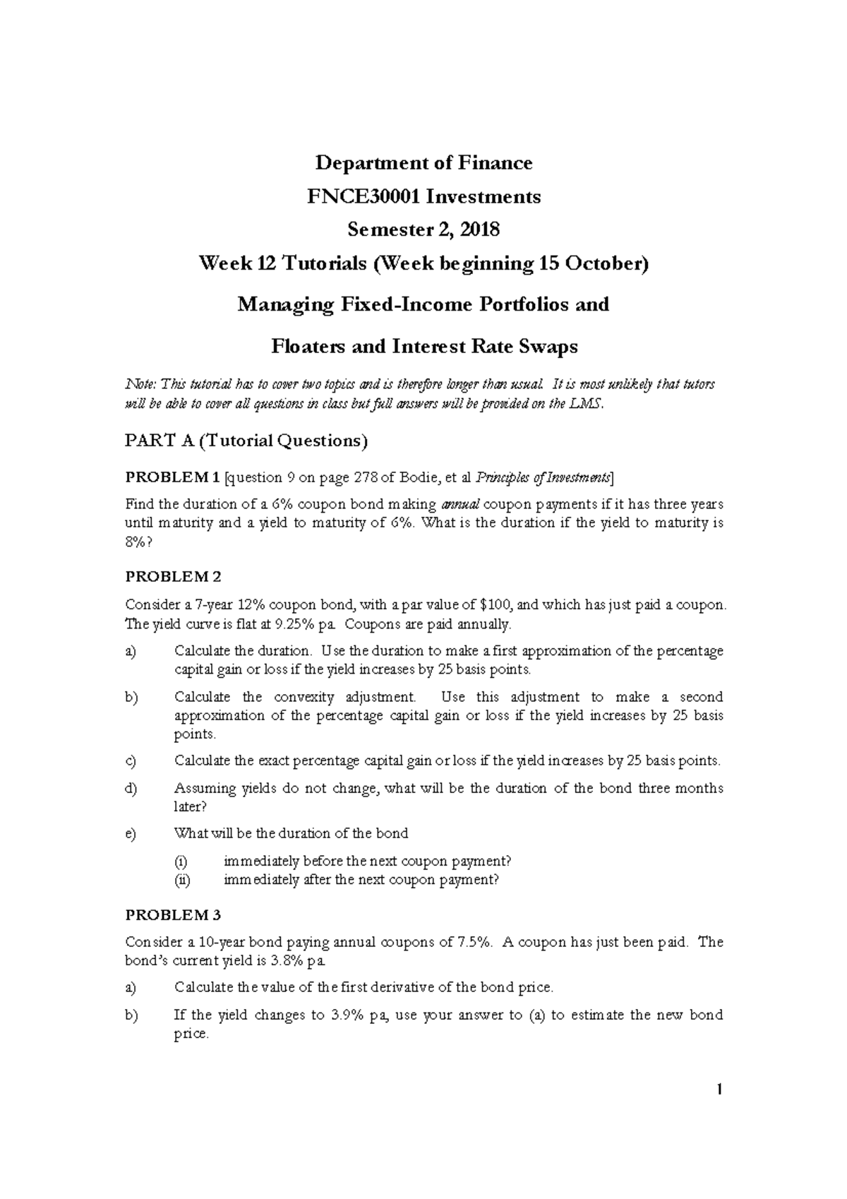 Week 12 Tute - Questions - Department of Finance Investments Semester 2 ...