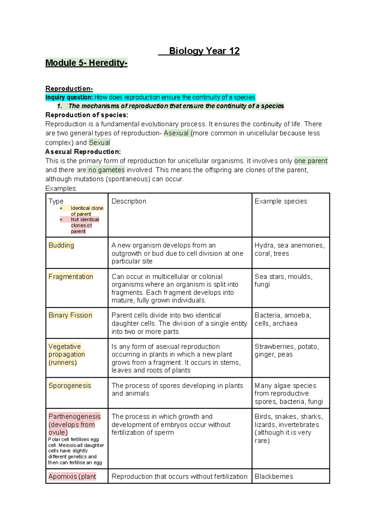 Biology Module 5 - study - Biology Year 12 Module 5- Heredity ...